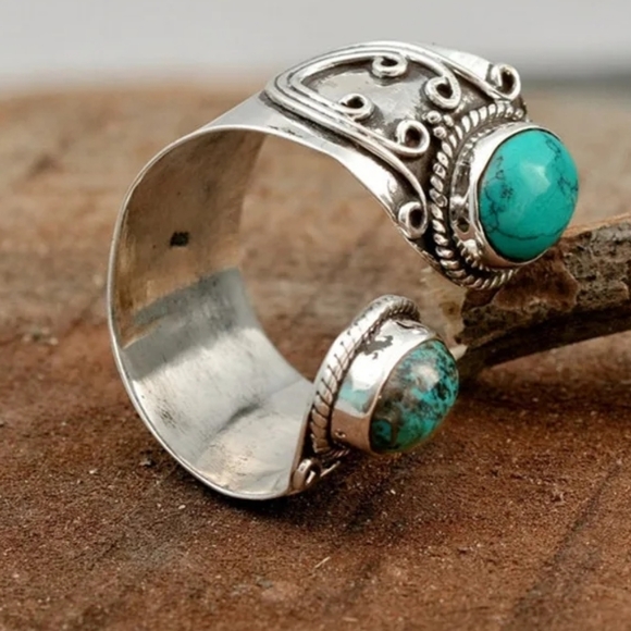 Hand Crafted | Jewelry | Bohemian Silver Turquoise Wrap Ring Adjustable ...